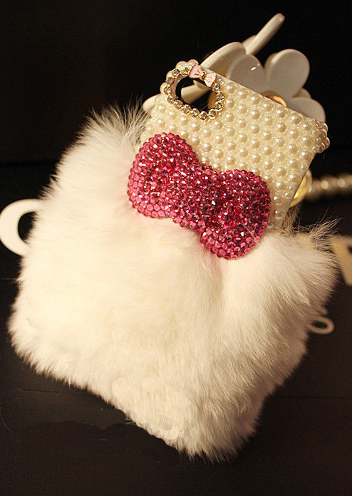 Cute Fluffy Dress Rabbit Fur Iphone Case 4 4s With Pearl Bowtie on Luulla