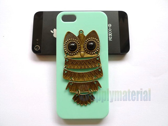 Handmade Retro Style Antique Copper Owl With Mint Green Phone Case For ...